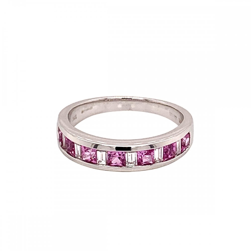 0.96ct Square Cut Pink Sapphire & Baguette Cut Diamond Half Eternity ...